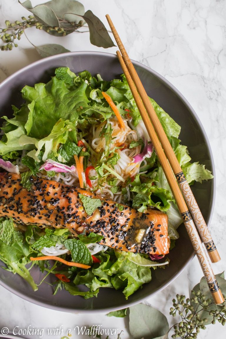 Maple Tamarind Salmon Spring Roll Bowls - Cooking with a Wallflower
